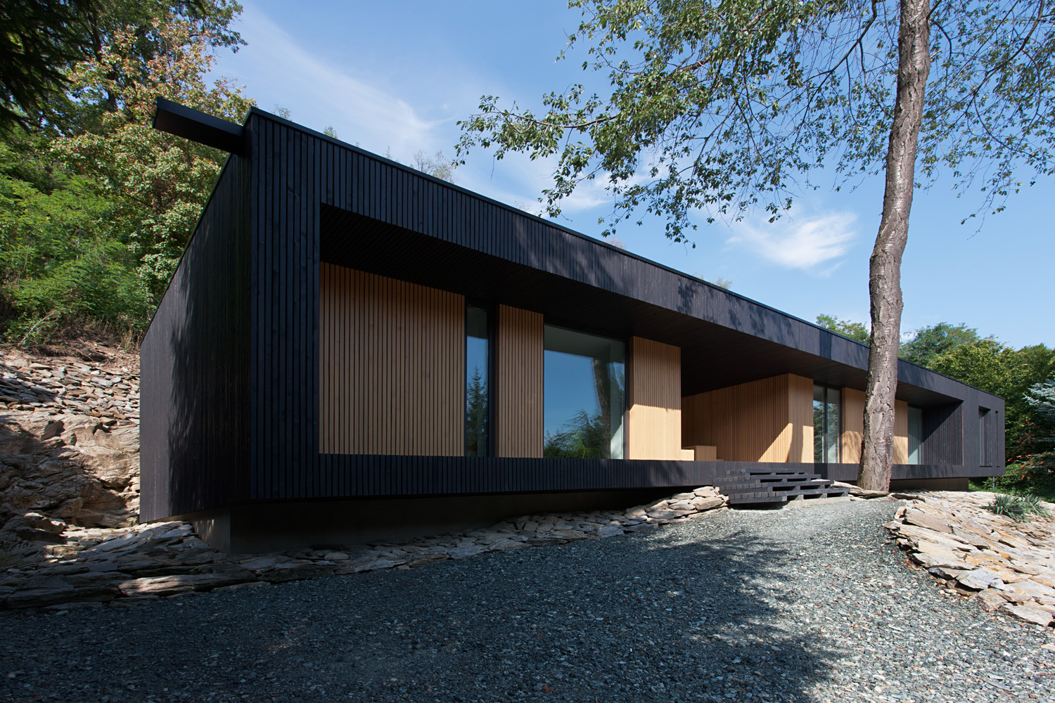 Villa de madera en Hungría. El muro rocoso se convierte en el ...