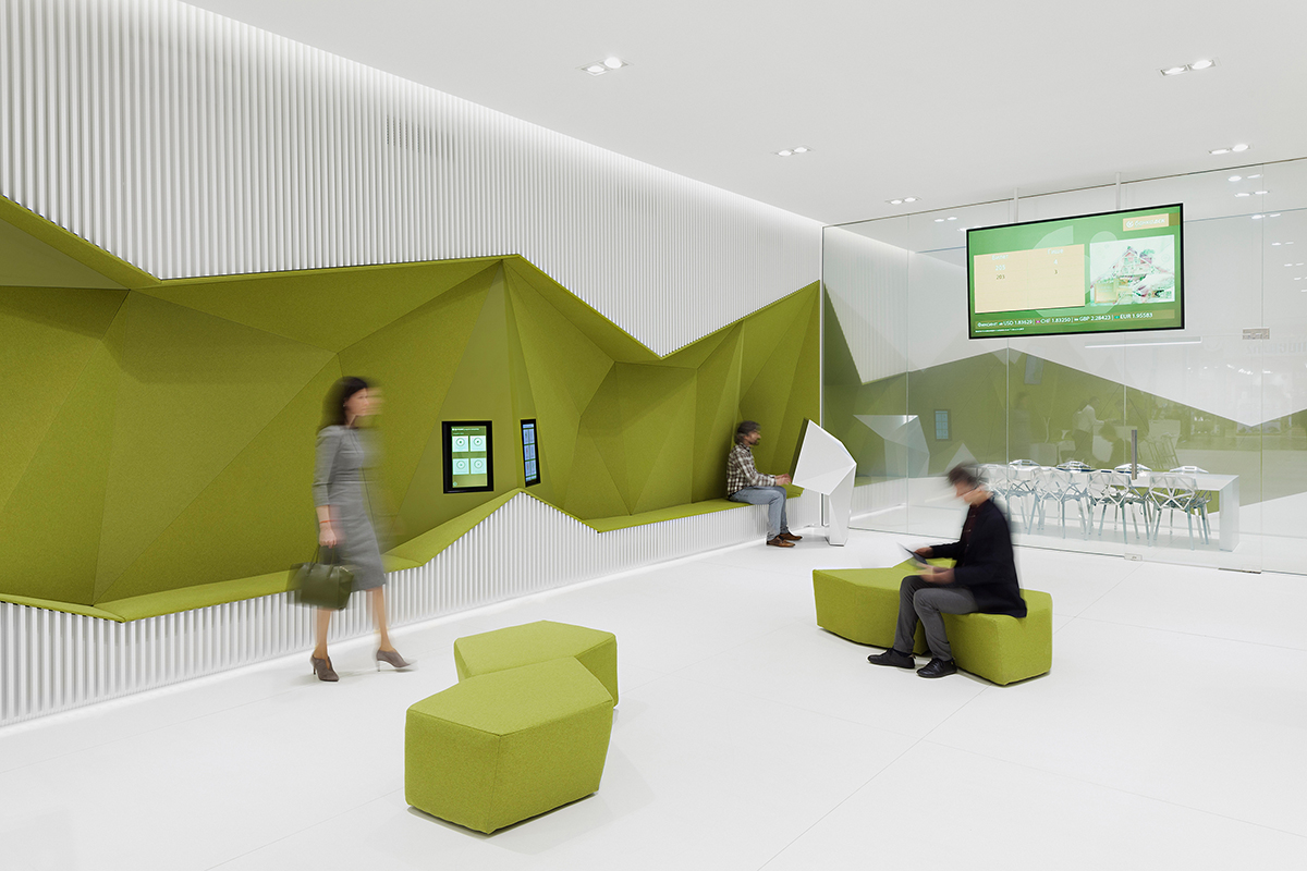 Concept store for a banking office. Common areas become open-space offices